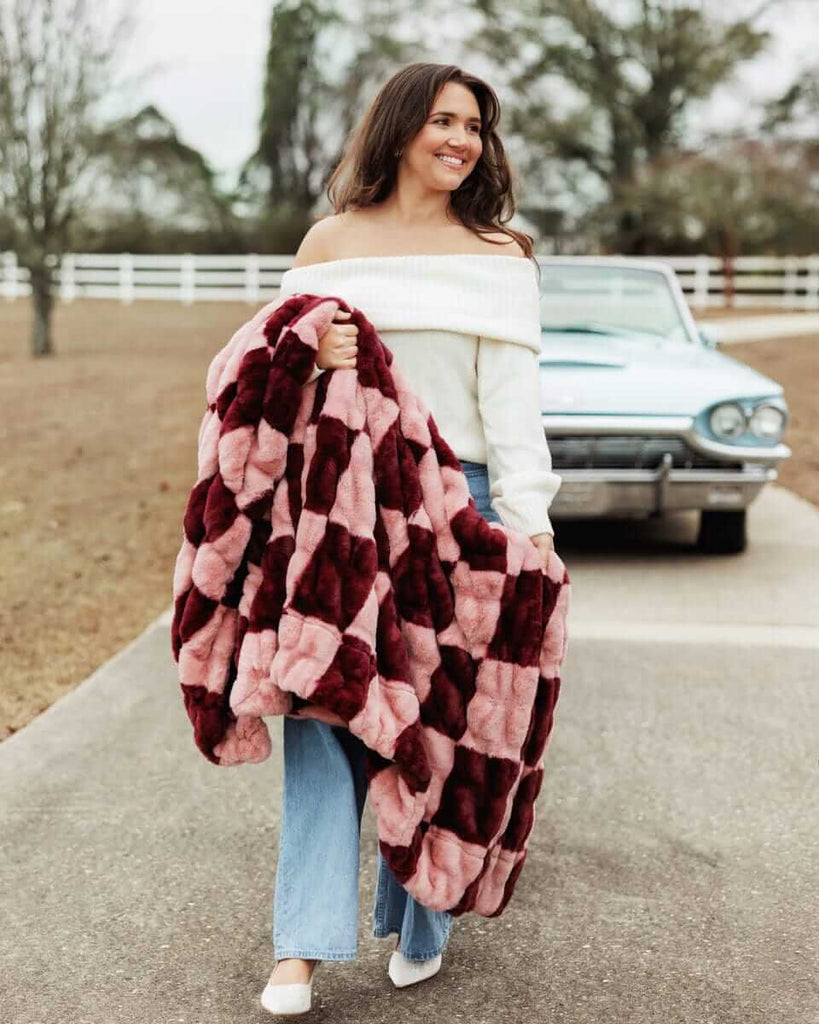 Hugs Devin Pink Checkered Plush Blanket | Minky Couture